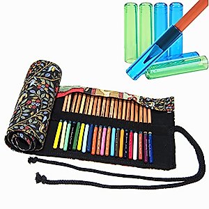 RAYYXP Colored Pencils Wrap Roll up Case 72 Slots Canvas Portable Pen Holder Pouch Drawing Coloring Organizer Stationery for Student Artist Travel with 6Pcs Pencil Caps - Black Tree