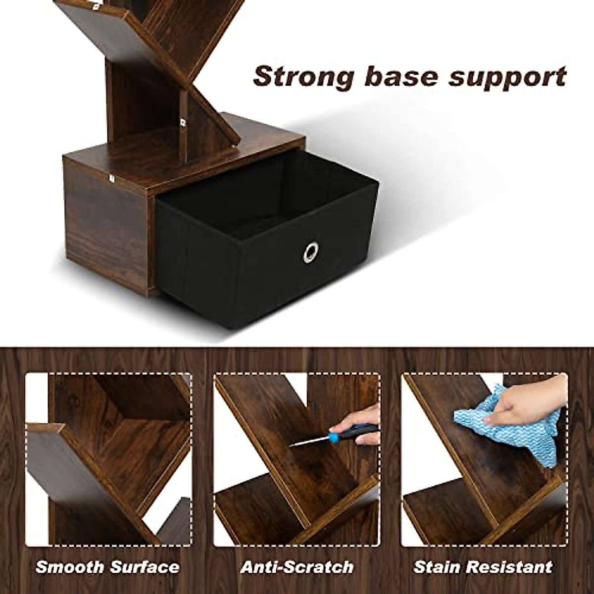 LAZYLAND Brown Bookshelf with Drawer, 6-Tier Floor Standing Tree Bookshelf, for CDs/Movies/Books, Utility Organizer Shelves for Home Office, Bedroom, Living Room