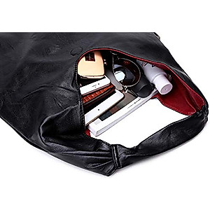 Lola Mae Soft Reversible Hobo Bag for Women, Large Shoulder Bag 2 Pcs Set with Crossbody (Black/Red)