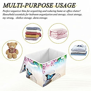 Storage Bins with Lids Foldable Storage Baskets Storage Cubes Collapsible Closet Organizer Containers with Cover Japanese Butterfly Zen and Sakura Blossoms for Home Office Organizer Closet, Shelves, T