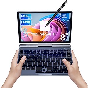 KOOSMILE Mini Laptop,8 inch HD Touch Screen Mini Computer Windows 11 Pro,Intel N100 4 Cores 2-in-1 Pocket PC 12GB LPDDR5 RAM 512GB M.2 SSD, Gigabit | Wi-Fi 6 | BT5.2 | 2MP Camera | G-Sensor | HDMI