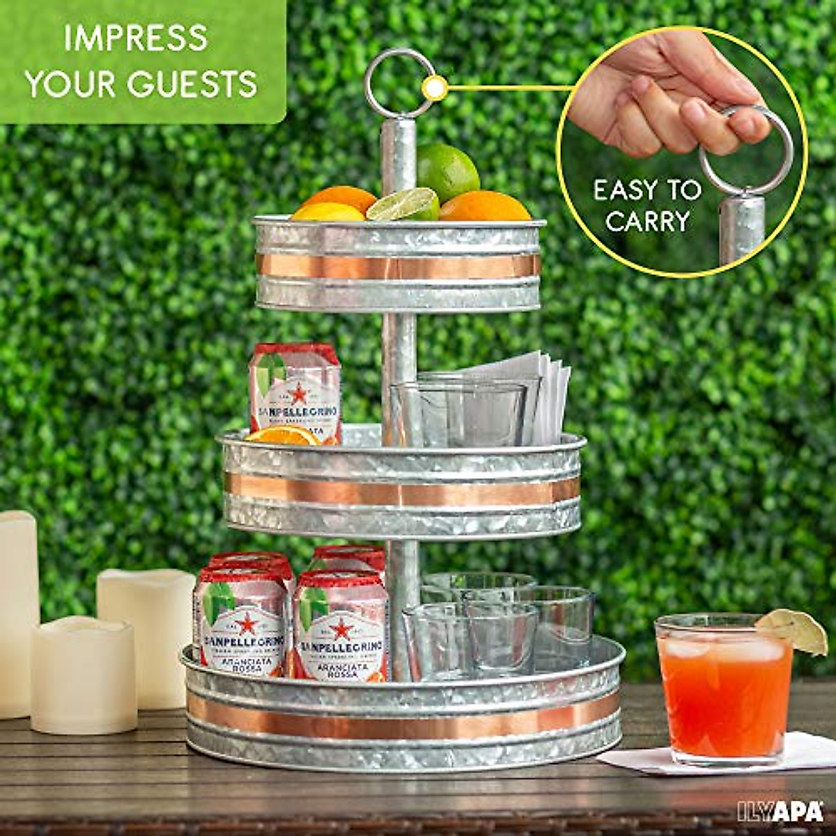 Ilyapa Galvanized Three Tier Serving Tray, Metal Three Tiered Tray Platter, 3 Tier Stand with Copper Trim, 3 Tiered Serving Stand for Cake, Cupcakes, Dessert, Appetizers & More