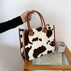 Fashion Women PU Leather Plush Animal Pattern Print Handbag Autumn Winter Casual Large Capacity Tote Bags