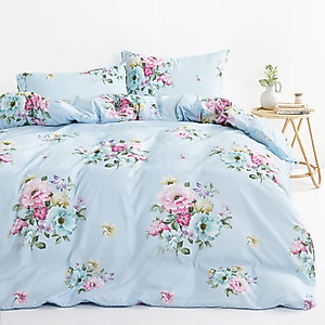 Wake In Cloud - Shabby Chic Comforter Set, Floral Farmhouse Cottagecore Vintage Colorful Pastel Spring Flowers, Soft Lightweight Bedding for Women Girls, 3 Pieces, Blue, Queen Size