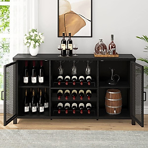 IBF Black Coffee Bar Cabinet, Liquor Cabinet with Wine Rack Storage, Industrial Kitchen Buffet Cabinet for Liquor and Coffee, Farmhouse Wine Cabinet for Home Living Dining Room, Black Oak, 55 Inch