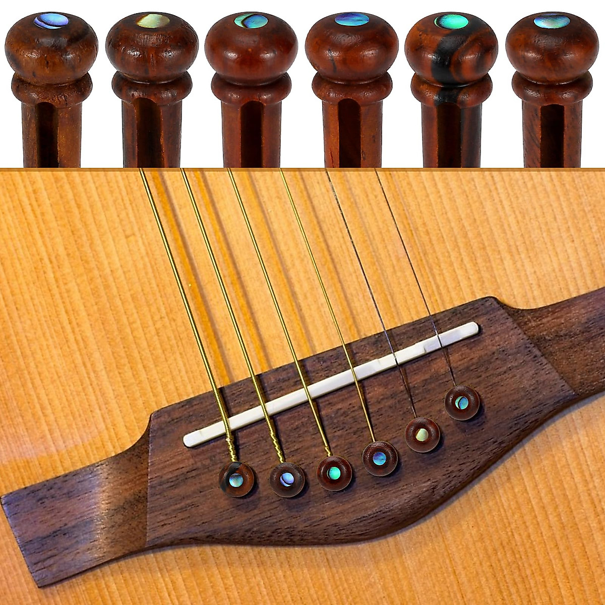 Blisstime 6pcs Rosewood Guitar Bridge Pins Inlaid Abalone Dot Acoustic Guitar Replacement Parts