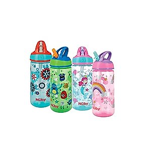 Nuby 2 Pack Iridescent Flip-it Kids On-The-Go Printed Water Bottle with Bite Proof Hard Straw - 18oz / 540 ml, 18+ Months, 2 pk Prints May Vary