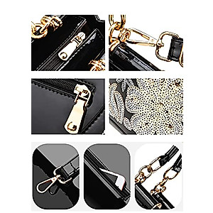 SMALLBLUER Women Patent Leather Tote Crossbody Bag Retro Pattern Shoulder Bags Satchel-Black