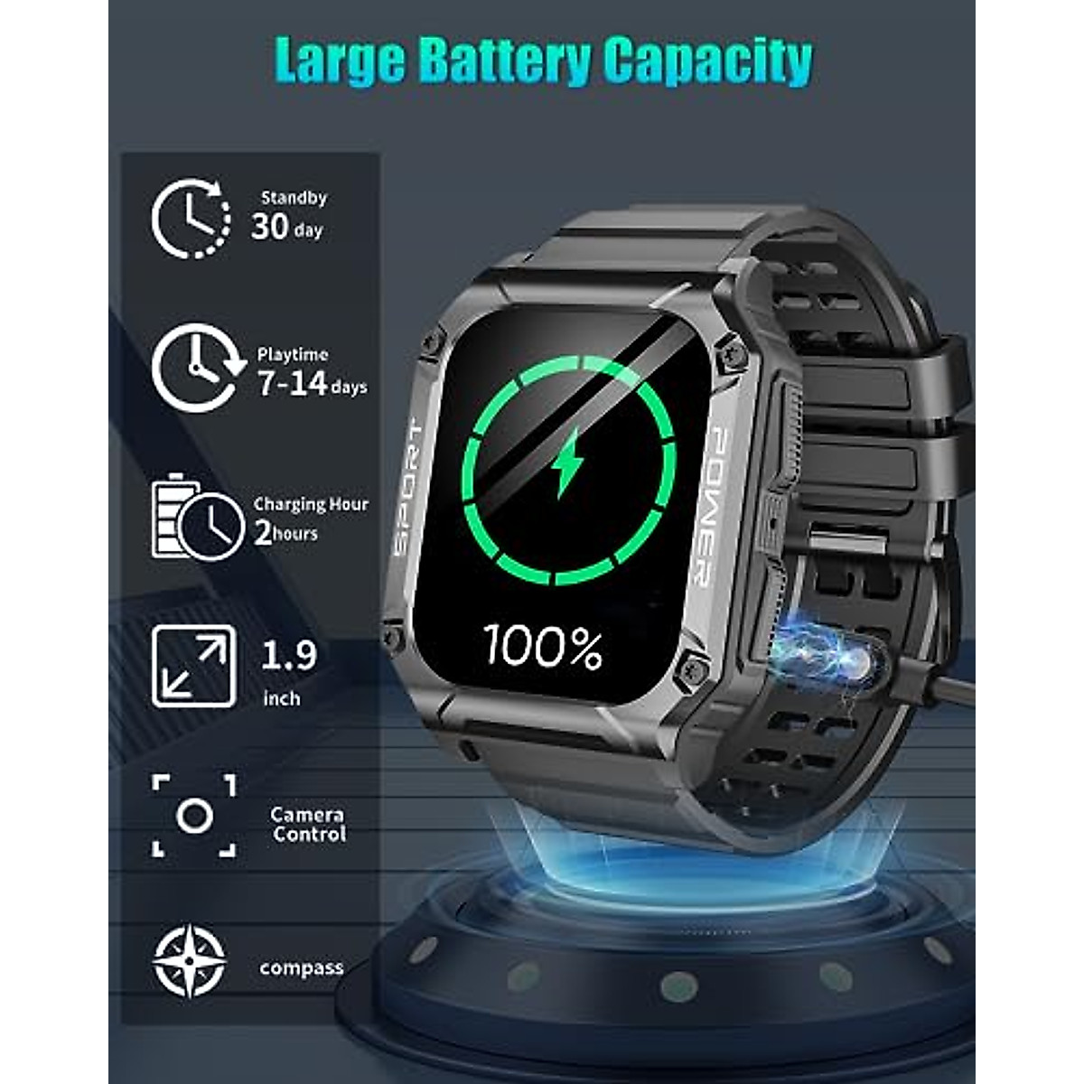 PASONOMI Smart Watch for Men Military Smart Watches for Men Smart Watch Built-in Microphone IP68 Waterproof for Android Phones Sports Outdoor Smartwatch with Heart Rate Monitor (Black)