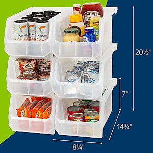 ReadySpace Plastic Containers for Organizing and Storage Bins for Closet, Kitchen, Office, Garage or Pantry Organization, Stackable Bins, Large (14.8" x 8" x 7"), 6-Pack, Clear