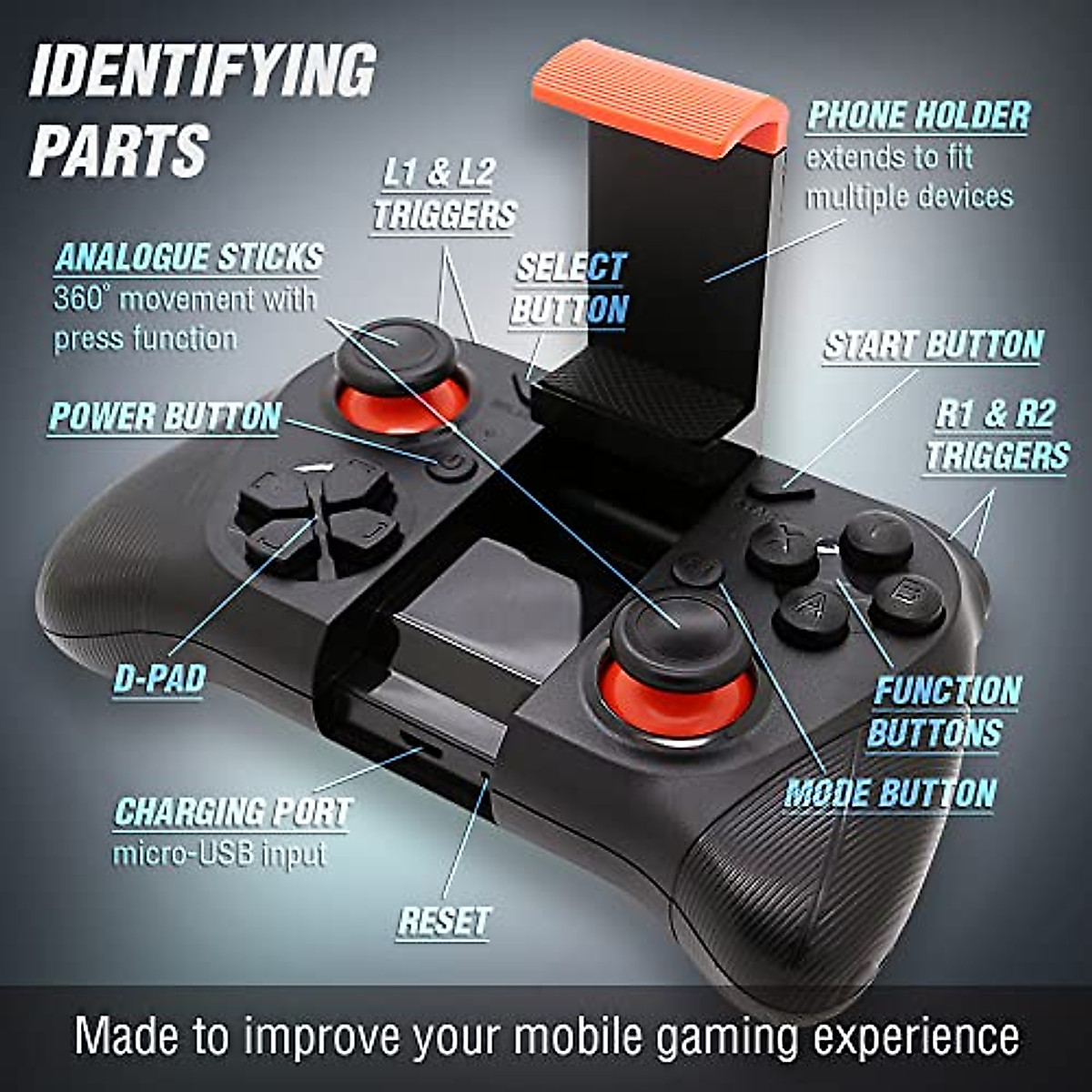 Volkano VX Gaming Bluetooth Contoller w/Phone Holder, Functional D-Pad, 2 Analog Sticks, 10 Action Buttons 10-Hr Playtime, Compatible w/VR Headset Android iOS Windows XP [Black/Red] - Command Series