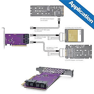 PCIe to SFF-8643 Adapter for U.2 SSD, X16, (4) SFF-8643，Requires Motherboard BIOS Support for Bifurcation. Support Windows 10/2016/2019, REHL/Cent0S 7/8, VMware ESXi 6/7, Ubuntu Linux 18/20/21, etc.