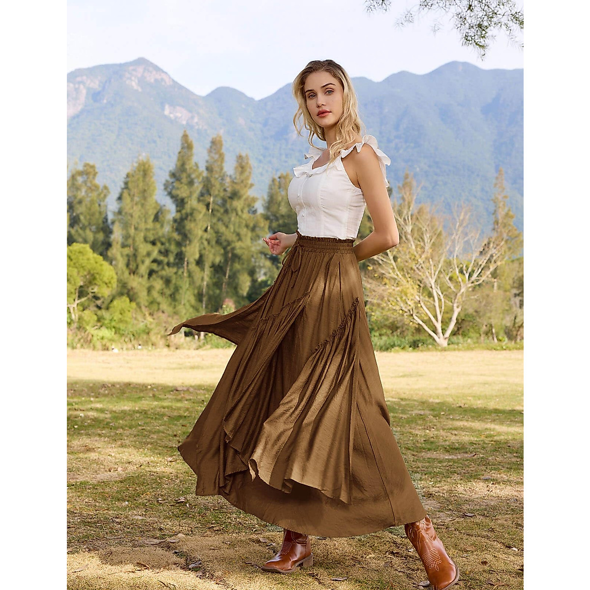 Scarlet Darkness Renaissance Skirt Women Ren Fair Costume High Waist Flowy Boho Skirt Brown M