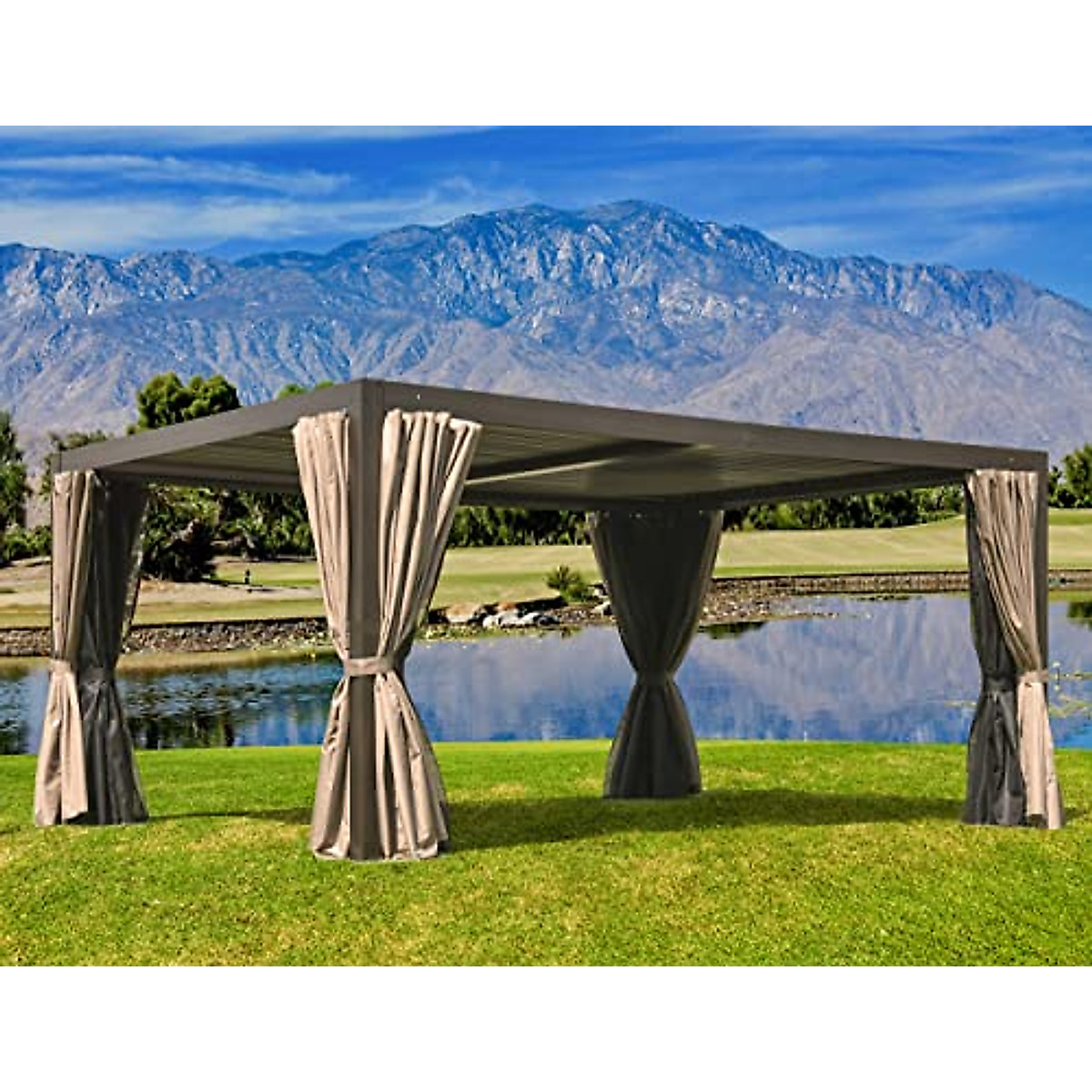 Domi Outdoor Louvered Pergola 10'x13' with Adjustable Aluminum Roof,Grill Gazebo for Patios,Aluminum Frame with Curtains and Mesh for Garden,Patio,Backyard (Dark Brown)