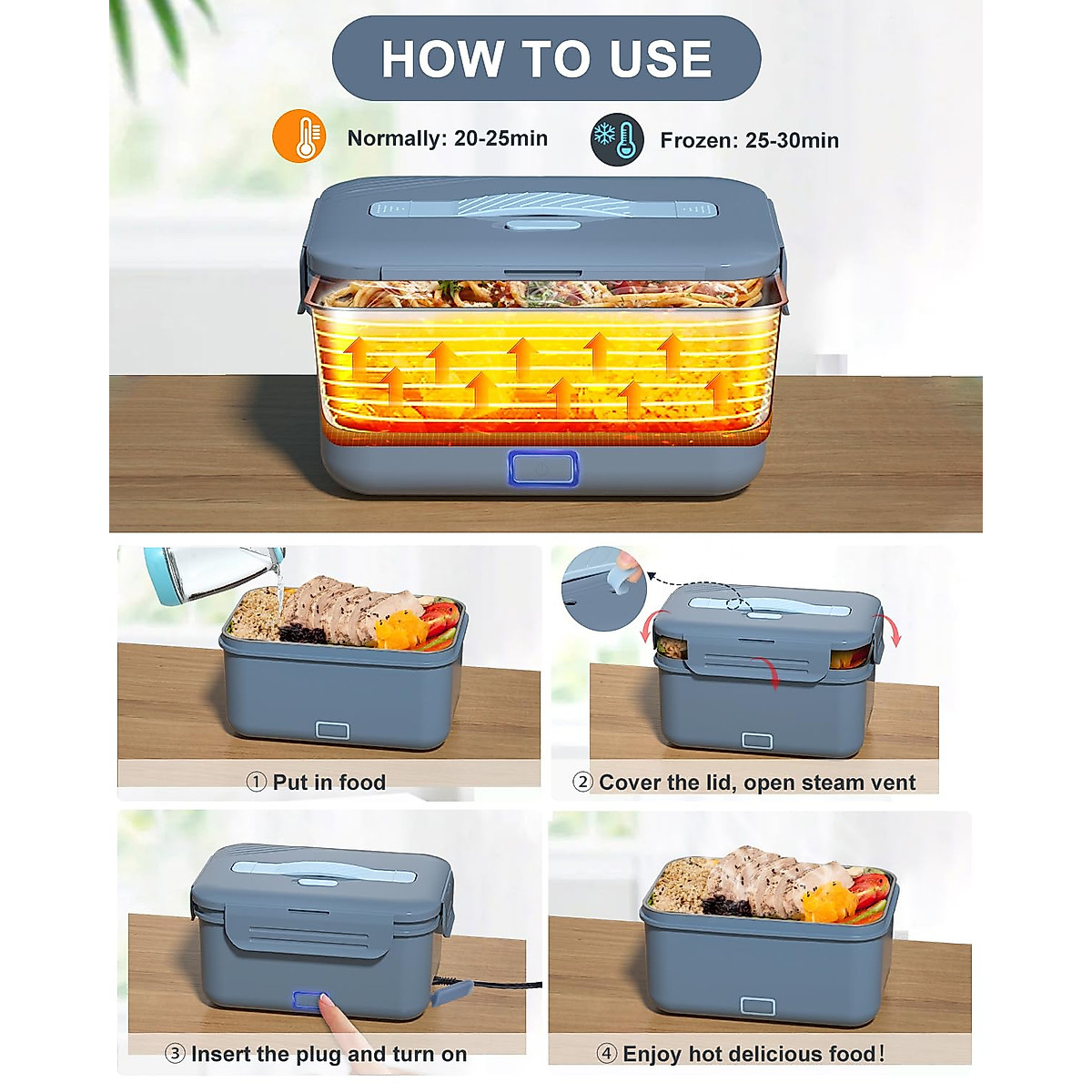 Monteka Electric Lunch Box Food Heater, Upgrade 100W High Power Portable Food Warmer, Heated Lunch Box for Adults Car/Home with 1.8L Removable Stainless Steel Container, 12V/24V/110V/220V, Blue