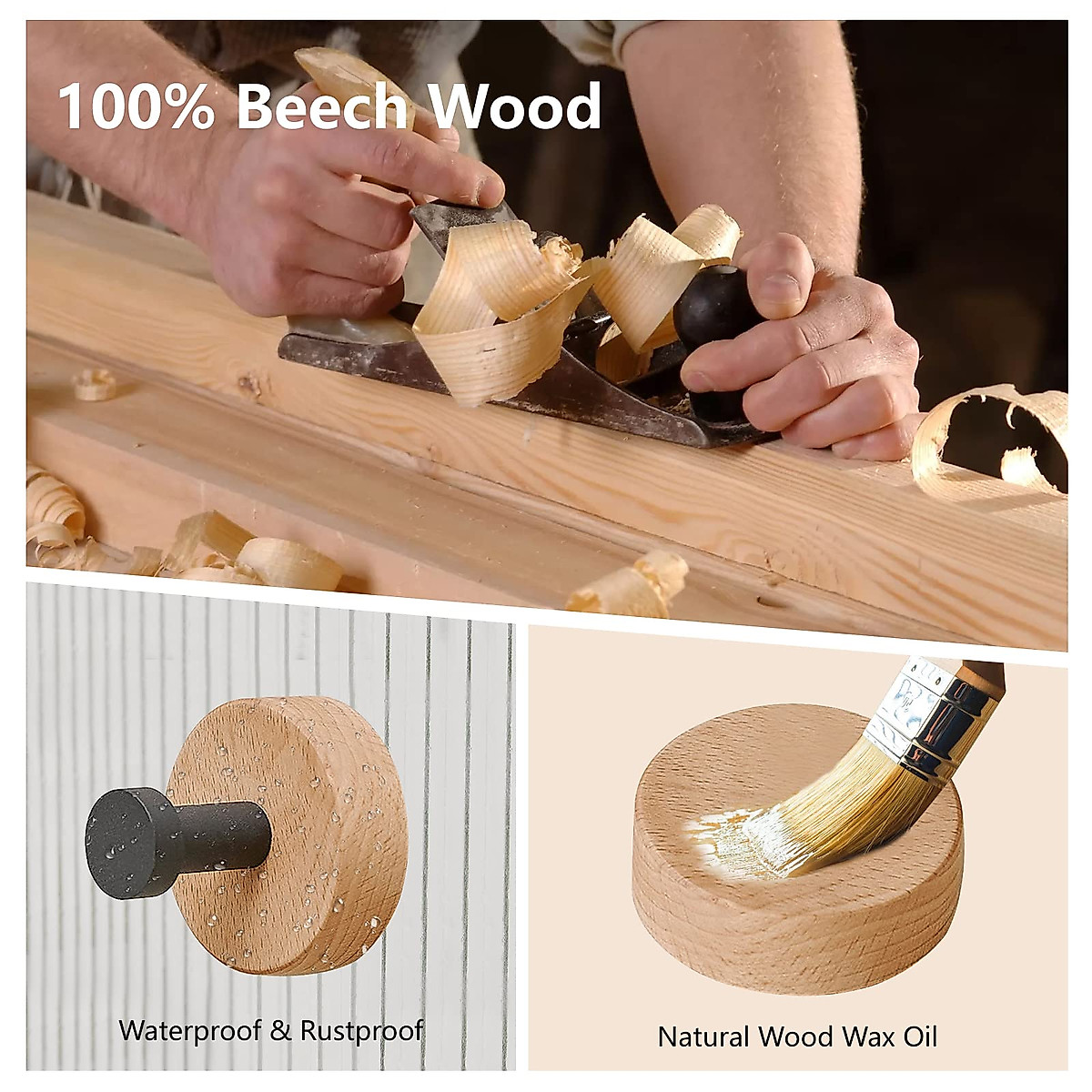 Funnytek Adhesive Wood Coat Hooks - 4 Pack Beech Wood Wall Hooks Natural Rustproof Coat Rack Adhesive Hooks for Wall, Towel Hooks for Hanging Coats, Hats, Bags, Keys (Style C)