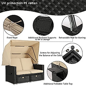 LEISU Outdoor Patio Furniture Sunbed with Retractable Canopy, PE Wicker Rattan Rectangle Sectional Sofa Set Clamshell Sectional Seating with Washable Cushions for Lawn Garden Backyard Poolside (Khaki)