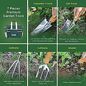 GardenHOME Garden Tool Set, Stainless Steel 7 Piece Tool Set, Heavy Duty Folding Stool, Detachable Canvas Tote Bag, Gardening Tool Kit Organizer