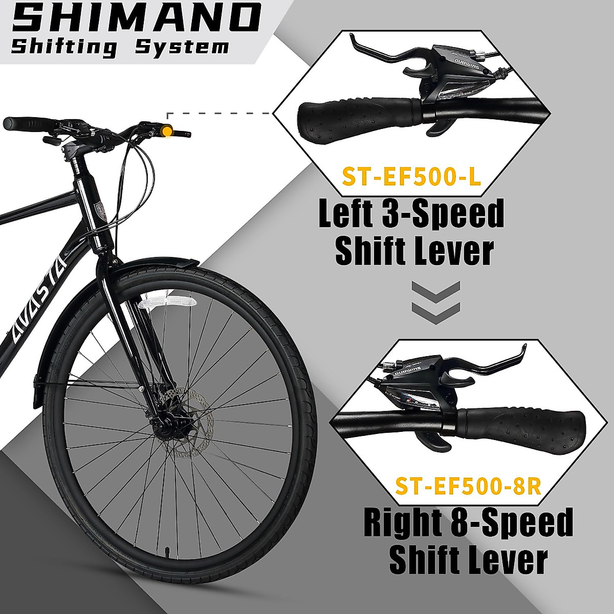 AVASTA Uranus 700C Road Hybrid Bike - Lightweight Aluminum Alloy Frame with 24-Speed Gearing for City Commuting - Rear Cargo Rack, Dual Disc Brakes, and 17 inch Frame - Black Design for Men Woman