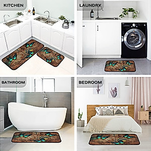 Blue Butterfly Brown Background Kitchen Mats and Rugs Set of 2 Cushioned Anti Fatigue Comfort Waterproof Runner Carpets for House,Sink,Office,Kitchen