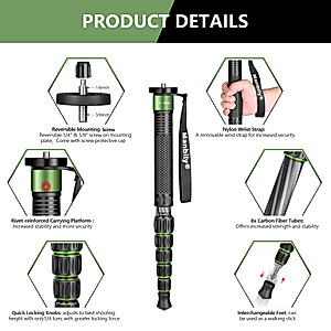 Manbily Carbon Fiber Camera Monopod,61 inch Portable Compact Lightweight Travel Monopod Walking Stick,Monopod for DSLR Camera Canon Nikon Sony Video (Carbon Fiber, Green&Black)