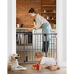 Ciays Baby Gate, 29.5” to 45.3” Dog Gate for Stairs Doorways and House, Auto-Close Safety Metal Child Gate for Babys Dogs with Alarm, Pressure Mounted, Brown