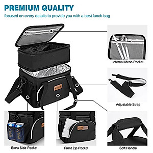 BALORAY 15L Black Insulated Lunch Bag for Men Women, Expandable Large Lunch Bags for work, Leakproof Double Deck Lunch Box Cooler Tote Bag with Adjustable Shoulder Strap