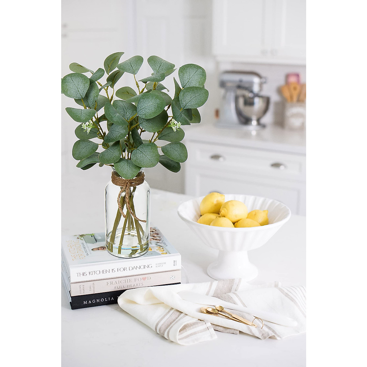 Briful Artificial Eucalyptus Stems in Glass Vase with Faux Water, 14" Fake Plant Eucalyptus Leaves for Home Office Farmhouse Wedding Centerpiece Décor