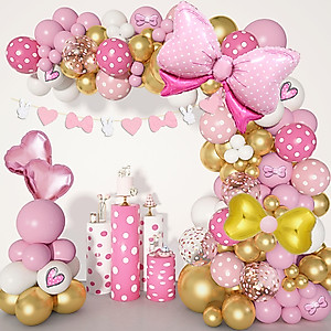 Pink Mouse Balloon Arch Kit for Cartoon Mouse Birthday Party Decorations for 1st 2nd 3rd Girls Kids, Pink Gold Rose Red Bow Heart Foil Balloons Banner for Baby Shower Oh Twodles Party Supplies