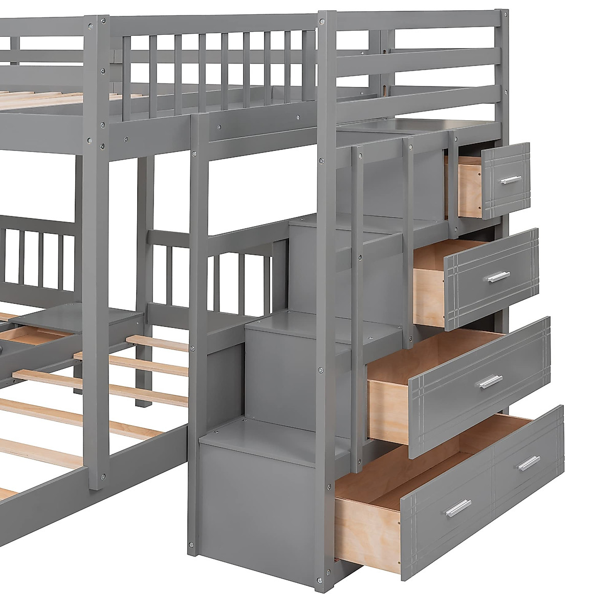 Full Over Twin & Twin Bunk Bed, Wood Triple Bunk Bed Frame with with Staircase, Drawers and Guardrails, Multi-Functional Bunk Bed for Kids, Teens, Adults (Gray*Staircase)