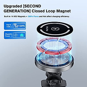 OHLPRO Magnetic Wireless Car Charger for MagSafe Mount iPhone 14/13/12 Series, Strong Suction Cup Phone Holder for Car Dashboard Windshield Vent, with Adjustable Telescopic Arm and QC3.0 Car Adapter