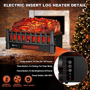 Electric Fireplace Logs Inserts Heater with Infrared Remote Controller 5 Flame Brightness 24h Timer Overheating Protection for Home and Office Decor Black