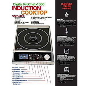 Max Burton 6515 Digital ProChef-1800 Induction Cooktop, Digital Controls, 10 Adjustable Watt and 15 Temperature Settings, Timer, Program Lock, Programmable Cooking, 1800W, 120V