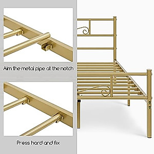 Yaheetech King Size Bed Frame Iron Mattress Foundation with Scroll Design Antique Gold Iron-Art Headboard and Footboard No Box Spring Needed Platform Bed for Beddrooms Guestrooms Dormitories