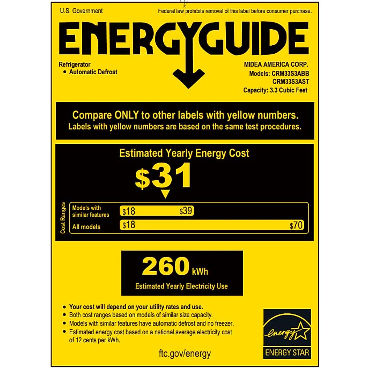 COMFEE' CRM33S3AST Cubic Feet Compact Singel Door Mini Fridge for Bedroom Office Garage Studio Dorm with 3 Removal Glass Shelves Stainless Steel Refrigerator, 3.3 Cuft, Silver