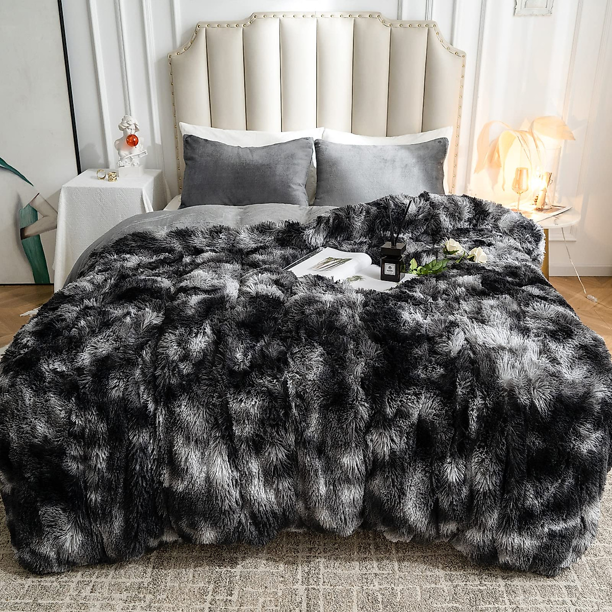 CHOSHOME Plush Shaggy Duvet Cover Queen Size, 3 PCS Fluffy Comforter Fuzzy Flannel Bedding Sets(1 Faux Fur Duvet Cover + 2 Pillowcases), Zipper Closure & 8 Corner Ties, Tie-Dye Dark Grey