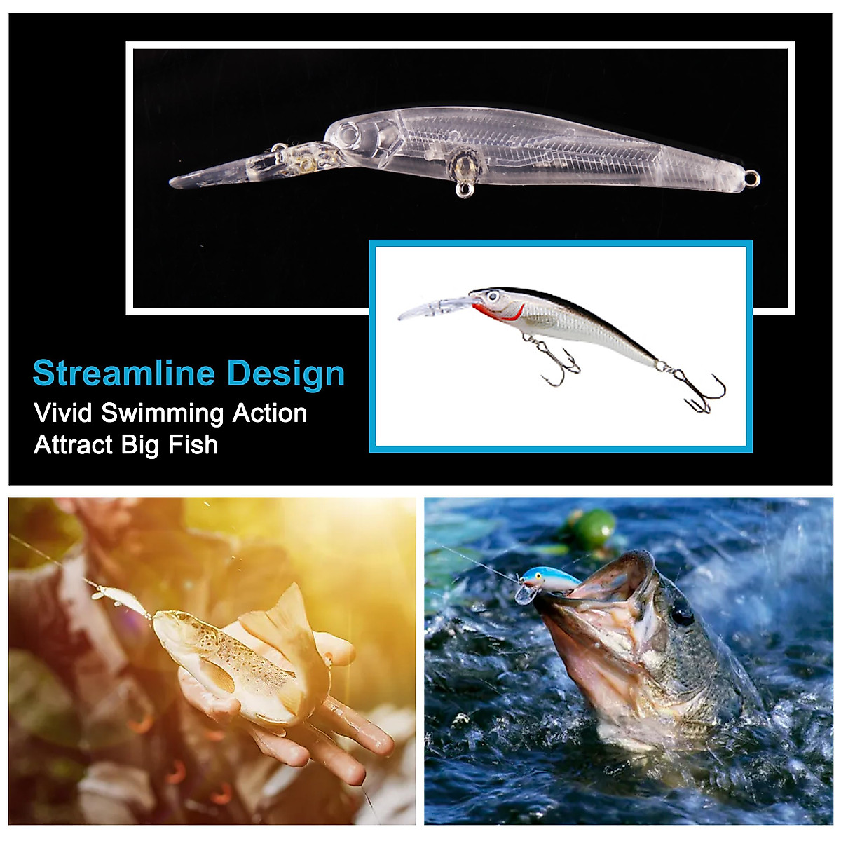 Unpainted Fishing Lures Crankbait Blanks Hard Lures Kit with 3D Eyes Blank Fishing Lure Making Kit Lipless Crankbait Minnow Popper Jerkbait VIB Clear Bodies