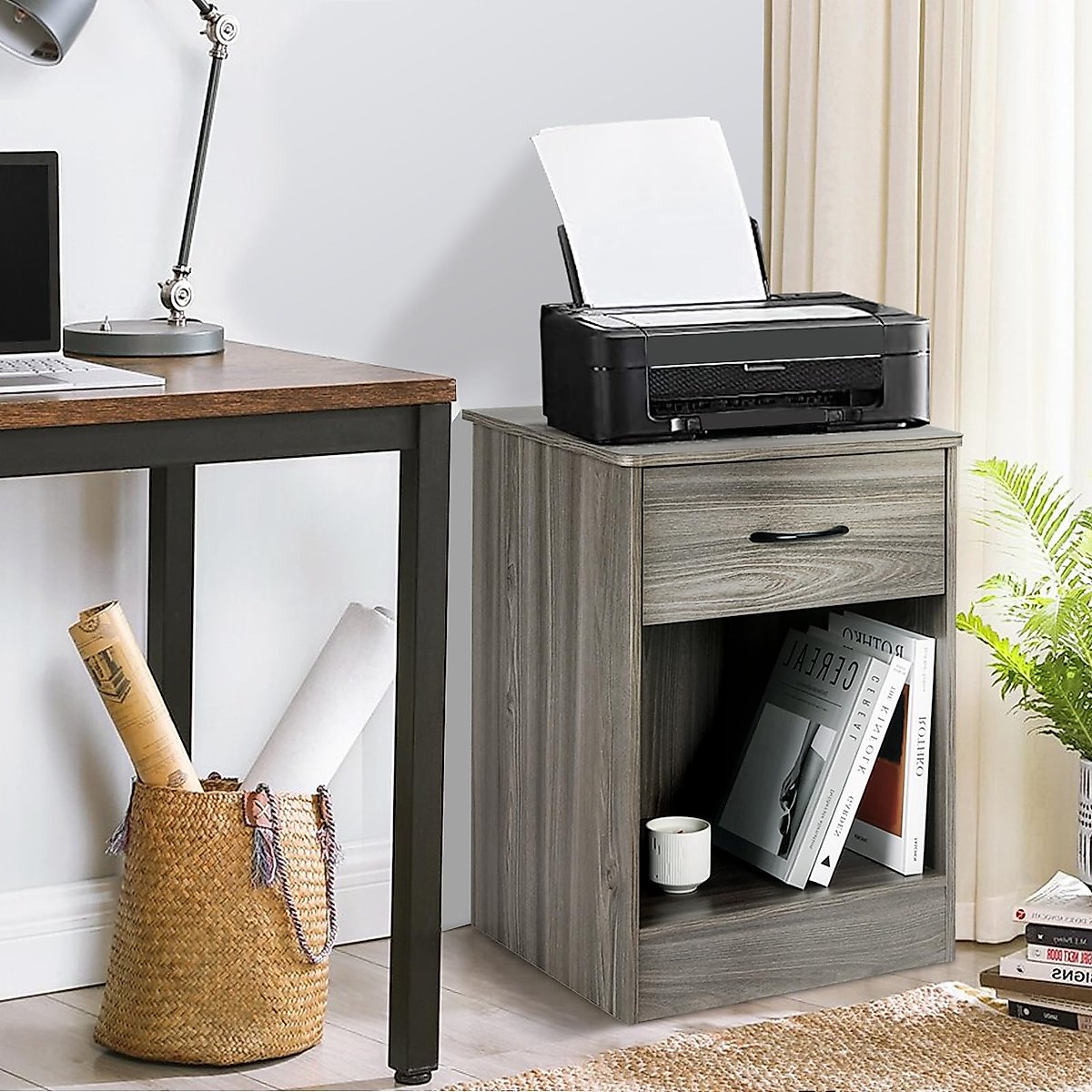 VOWNER 2 PCS Grey Nightstand with Drawer and Storage Shelf, Bedside Table End Tables, File Cabinet Storage with Sliding Drawers and Shelf for Bedroom