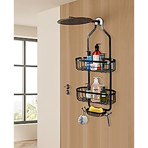 Innovatronic Bathroom Hanging Shower Organizer, Over Head Shower Caddy Basket with Hooks for Razor and Sponge, Rustproof, Anti-Swing (Black)