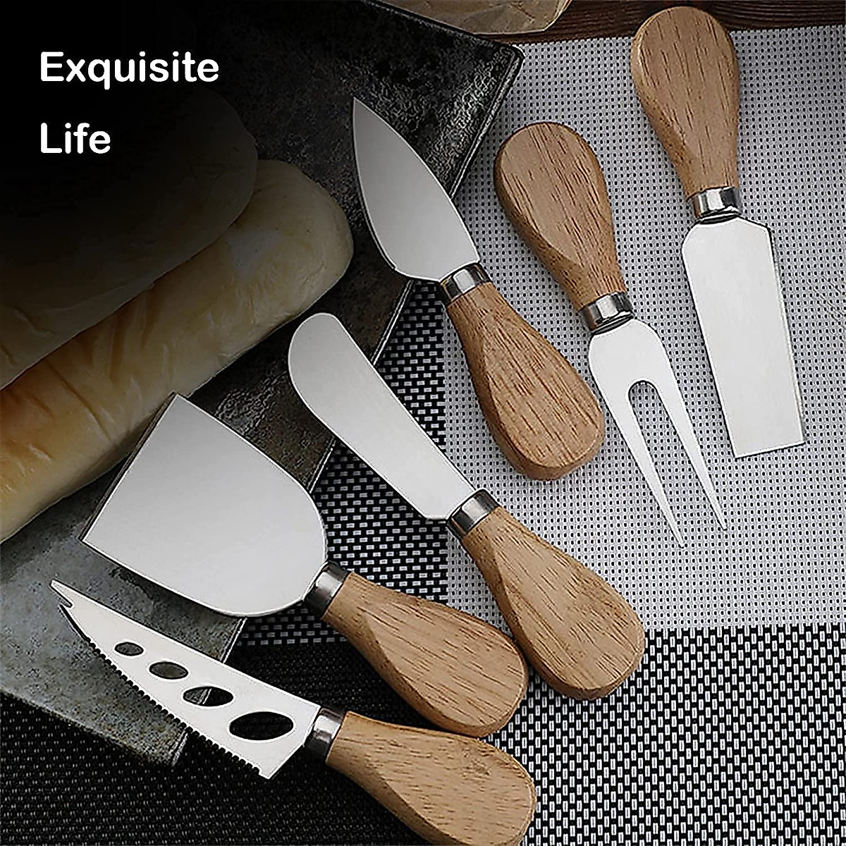 Linwnil Cheese Knife Set,6pcs Cheese Spreader Knives with Wood Handle Steel Stainless 6 Slate Markers 4 Mini Spoons 4 Forks for Charcuterie Board Accessories