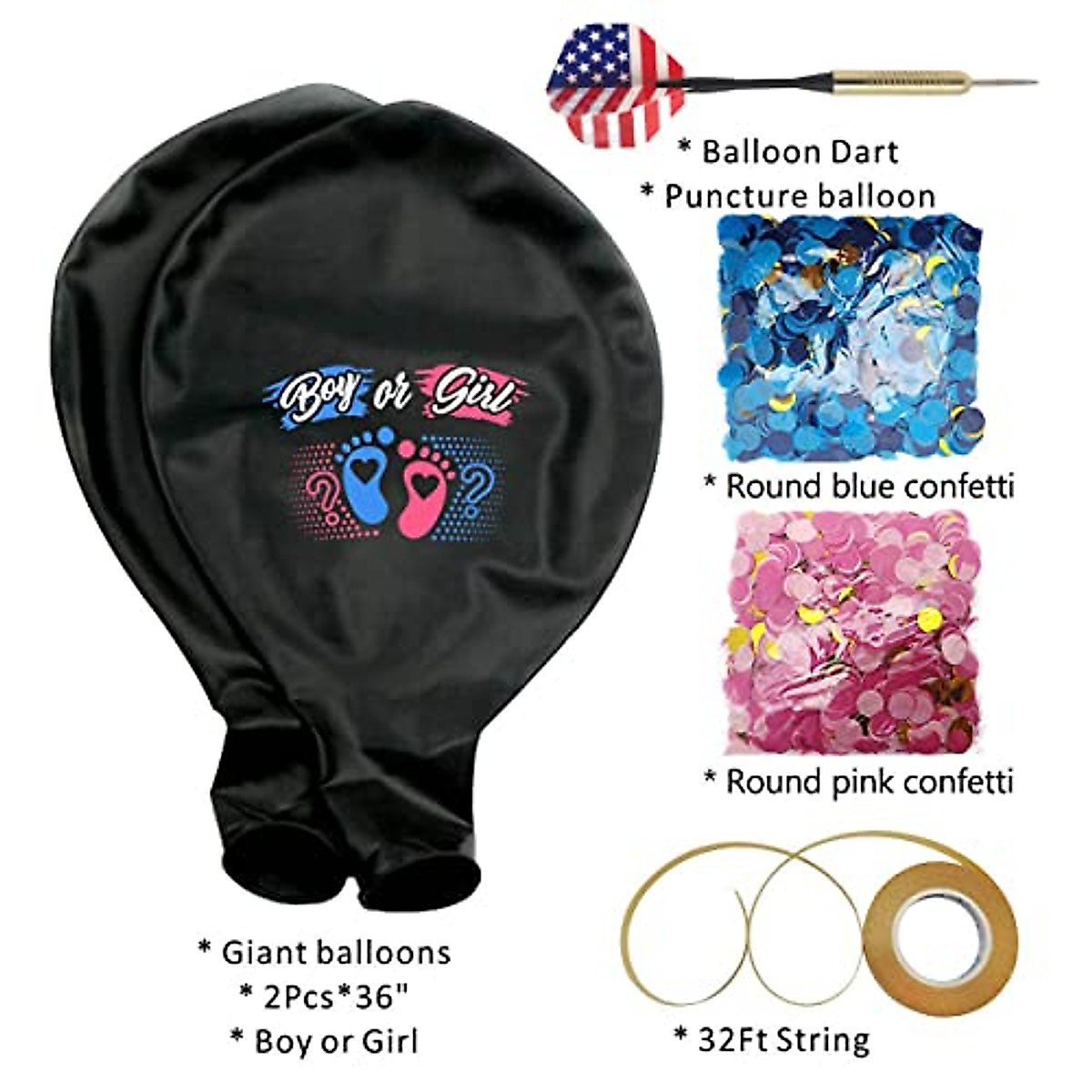 Lopeastar Gender Reveal Balloons Boy or Girl with Confetti and Dart, 2Pack 36inch Large Black Balloons Blue Pink for Gender Reveal Party Decoration