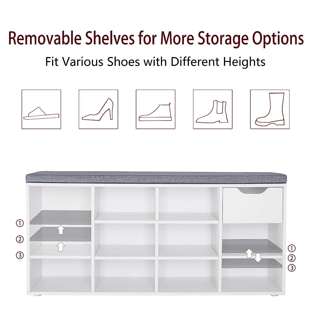 DINZI LVJ Shoe Bench, Entryway Storage Bench with Drawer and 11 Cubbies, Cubby Shoe Rack with Adjustable Shelves, Shoe Organizer Cabinet for Living Room, Bedroom, Mudroom, Closet and Garage, White