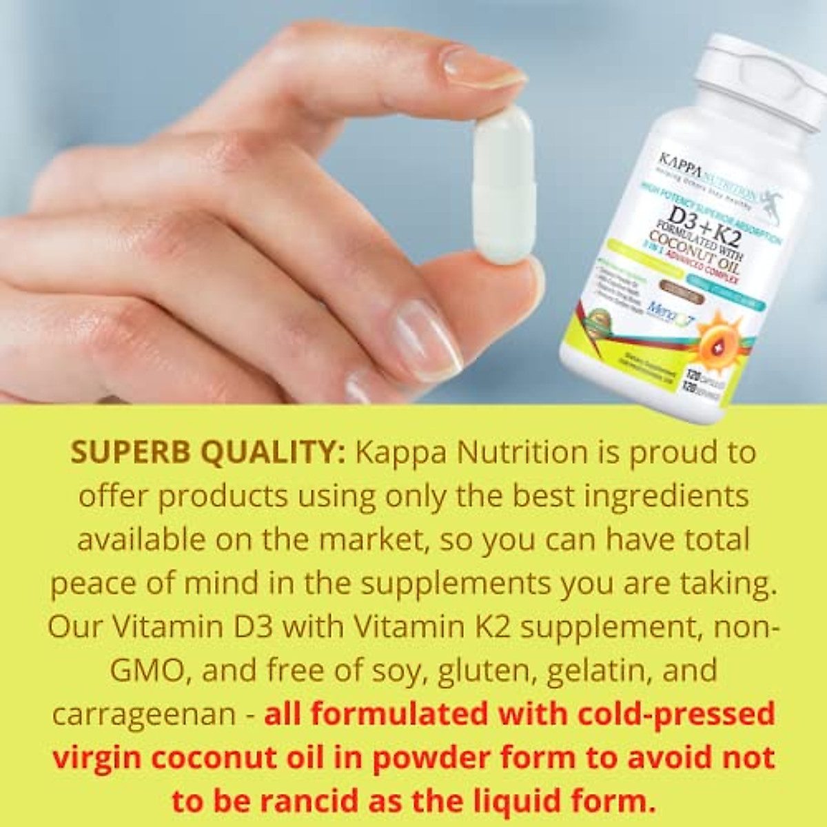 KAPPA NUTRITION Vitamin D3 + K2 Supplement with MCT Oil (Coconut Oil) (5000iu) Vitamin D with 100mcg Mk7 Vitamin K, Supports Calcium for Stronger Bones & Immune Health, 120 Vegan Capsules for Adults
