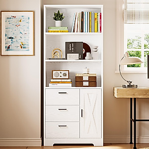 IRONCK Bookshelf with Door and 3 Drawers, 71in Tall Bookcase Shelf with 3-Tier Shelves, for Bedroom Living Room Entrance Hallway Home Office