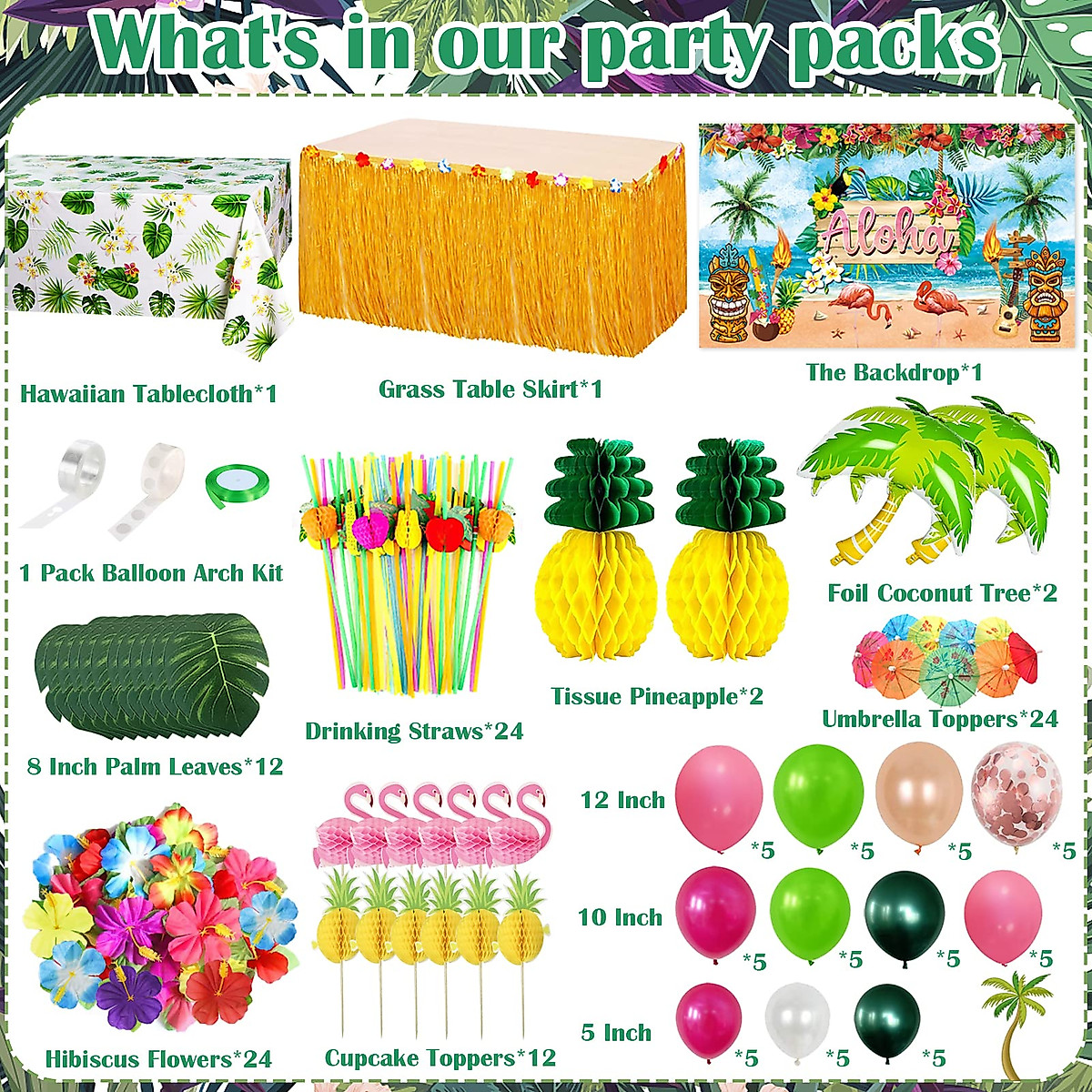 Hawaiian Luau Party Decorations(161 Pcs), Tropical Summer Beach Pool Party Supplies Including Aloha Backdrop, Table Skirt, Tablecloth, Flamingo, Palm Leaves and Hibiscus, Balloons Arch, Straws,
