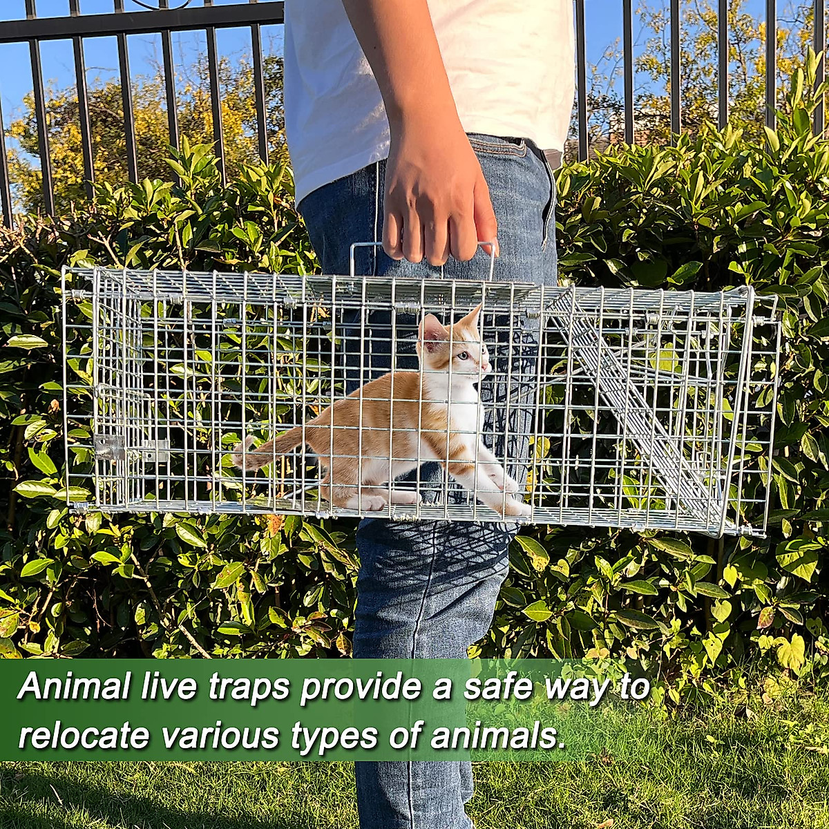 Live Animal Cage Trap,24 X 7 X 8In Animal Trap for Rabbits,Stray Cats,Squirrels,Humane Cat Trap,Foldable Live Traps Cage with Handle for Groundhogs,Opossums
