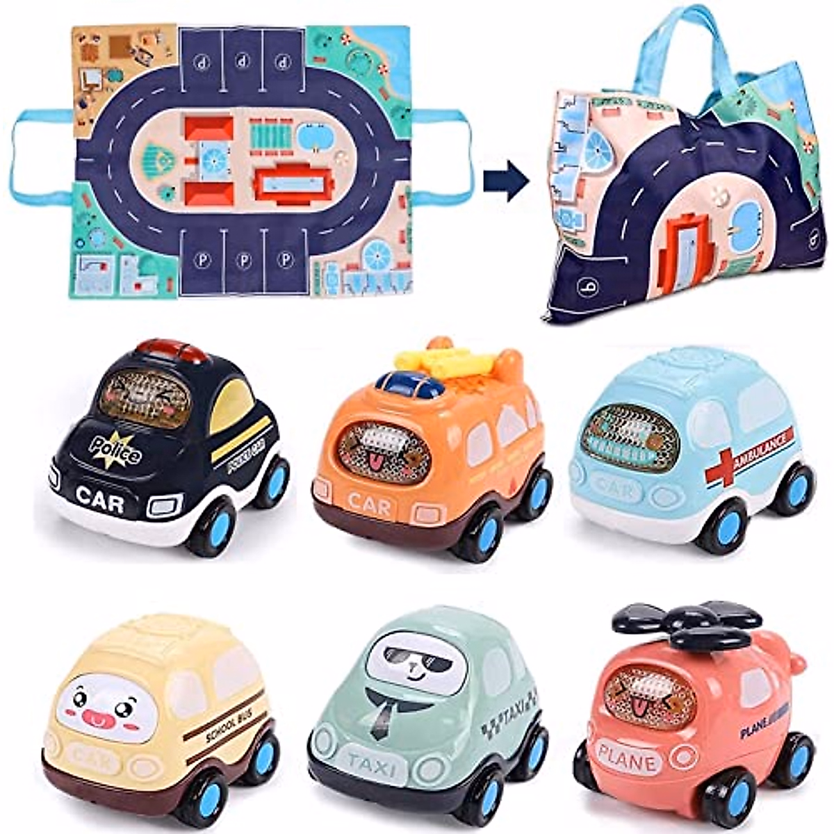 EARCASE Baby Toy Cars for 1 2 3 Year Old Boy with Play Mat Storage Bag, Push and Go Car Toddler Toy Friction Powered Cars, Best Gift Toy for 1 2 3 4 5 Year Old Boys Girls