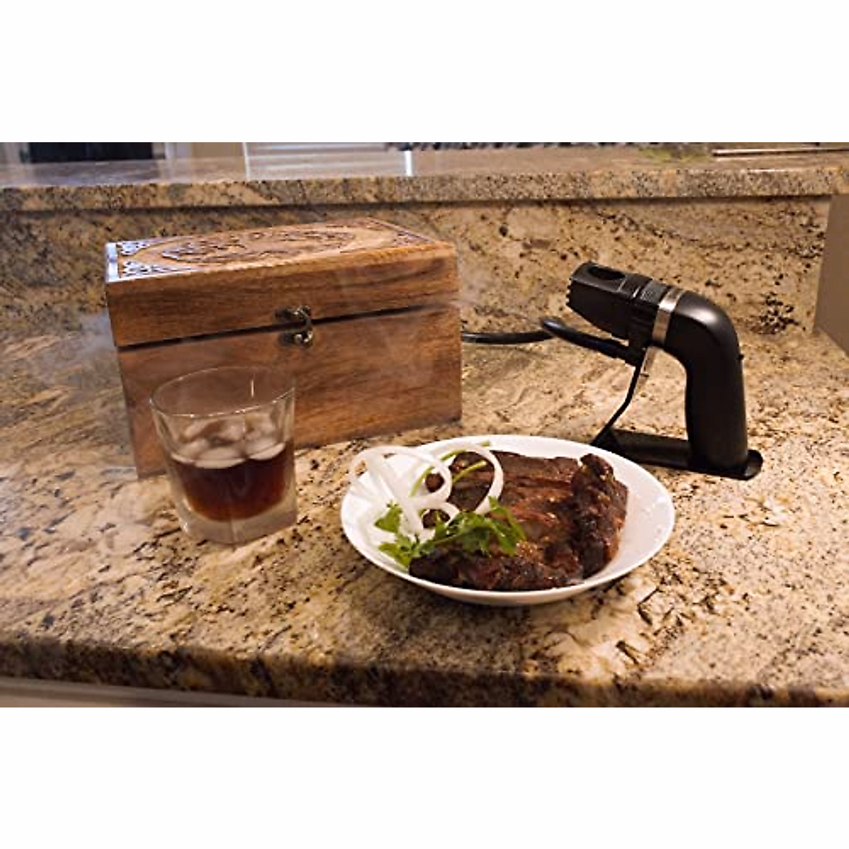 Cocktail/Food Smoker kit with a smoker machine and a mango wood smoker box, multi-purpose food/drink smoky flavoring set for cocktails, whiskey, steak, salmon, cheese, BBQ, and Pizza, a perfect addition to your kitchen, bar, picnic, or outdoor party