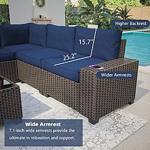 IDEALHOUSE 6 Pieces Blue Patio Sectional Furniture Set, Wicker Conversation Sets Patio Furniture, Brown Patio Sofa with 5 Navy Blue Seat Cushions and 1 Glass Coffee Table