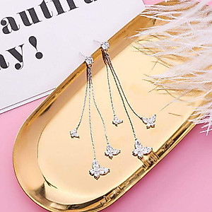 Crystal Butterfly Pendant Tassel Earrings Long Zircon Butterfly Drop Dangle Earrings Jewelry for Women Butterfly Earring (Silvr)